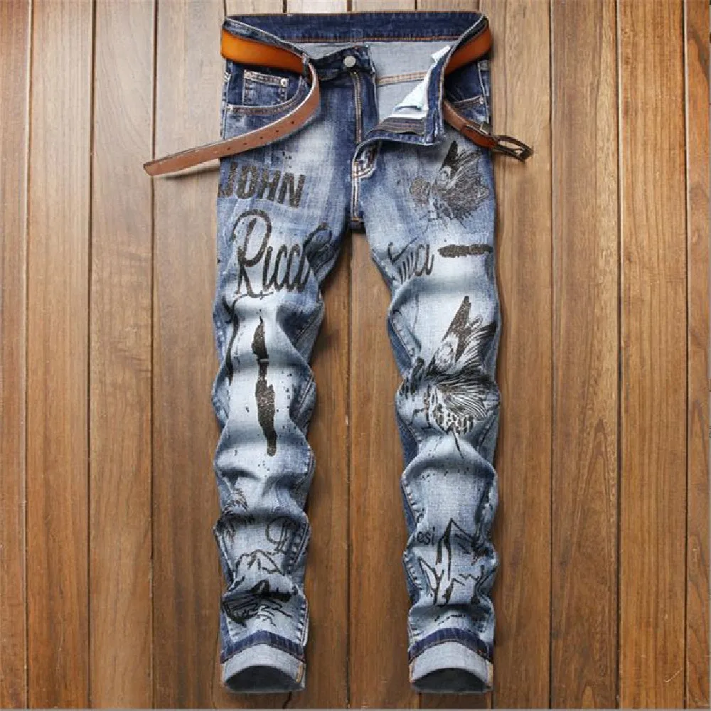 Mannen Jeans Nieuwe Europese Amerikaanse Trend Brief Afdrukken Kat ...