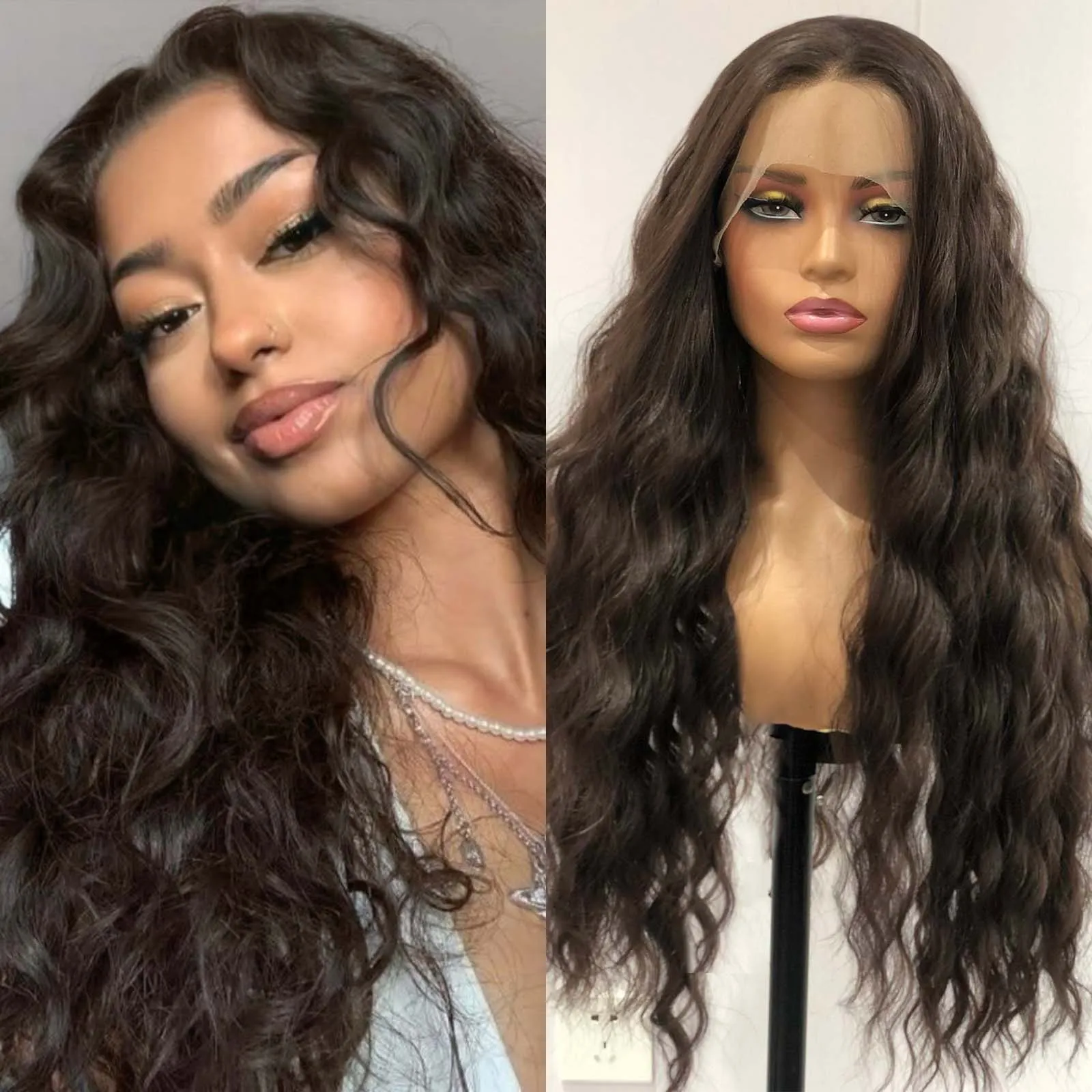 Dark Brown Long Curly Wavy Wig Synthetic Lace Front Wig Loose Deep ...