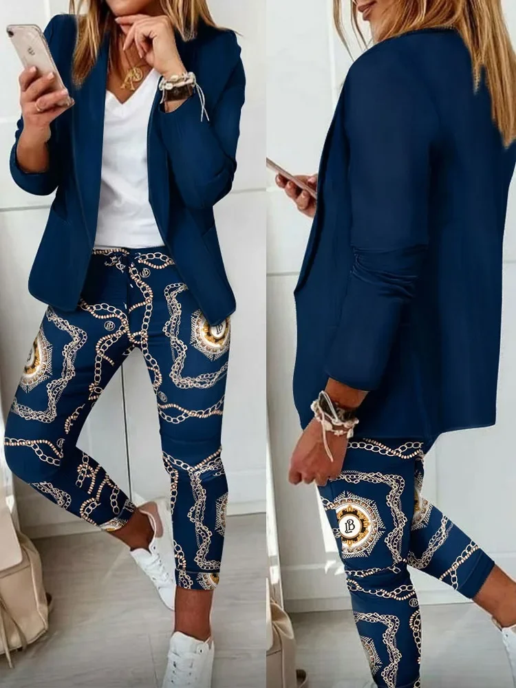 2023-AutumnTwo-Piece-Sets-Womens-Geo-Print-Shawl-Collar-Blazer-Pants ...