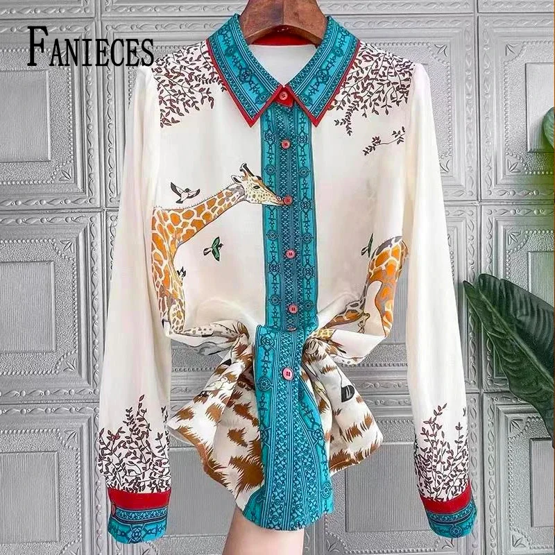 FANIECES Plus Size 3XL Giraffe Print Women Shirts Long Sleeve Lapel ...