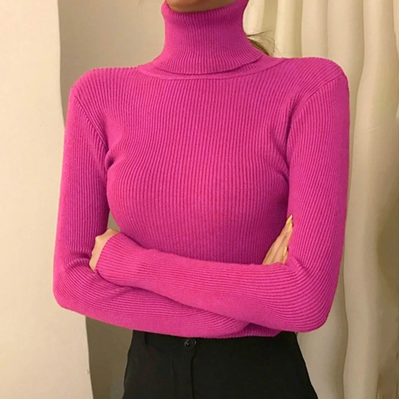 Suéter de cuello alto para mujer, jersey de manga larga, elástico ...