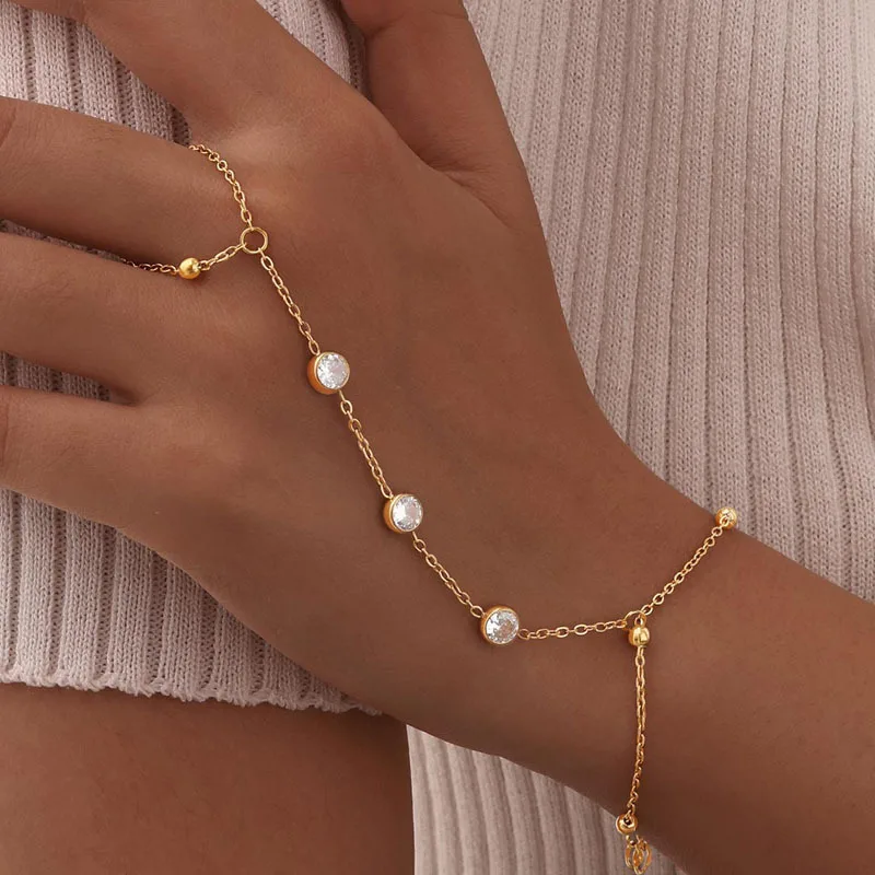Stainless Steel Hand Chain Bracelet Ring for Women, 18k Gold Plated ...