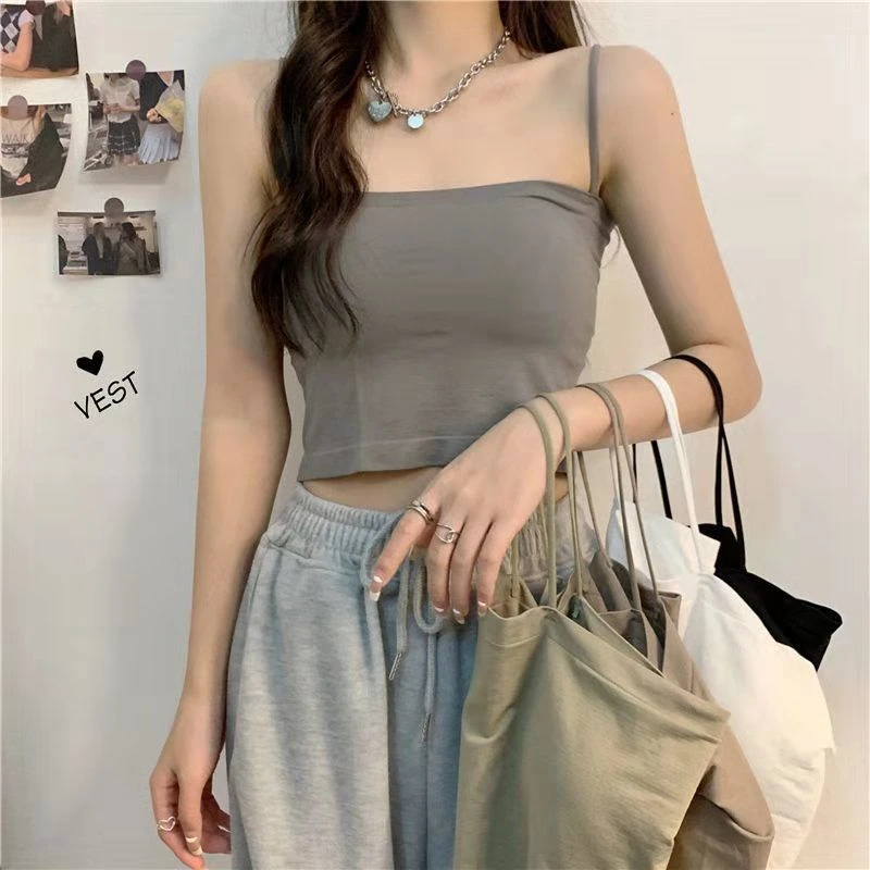 Top Female One Piece Camisole Fixed Cup Crop Tops Short Bra Solid Tank ...