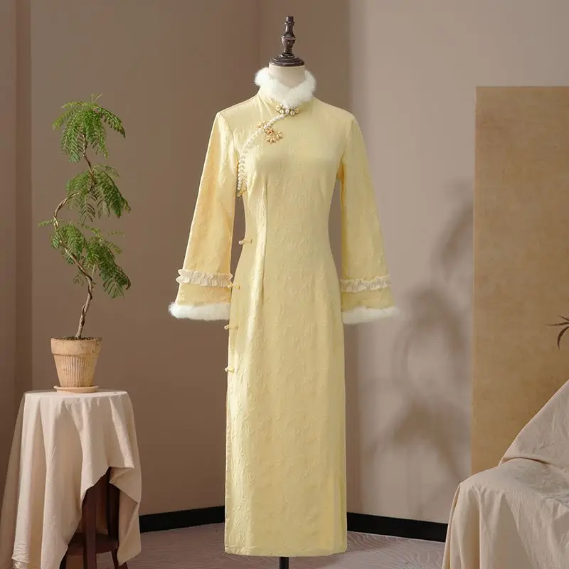 Cheongsam Chinese Traditional Dress Solud Color New Autumn Winter Long ...