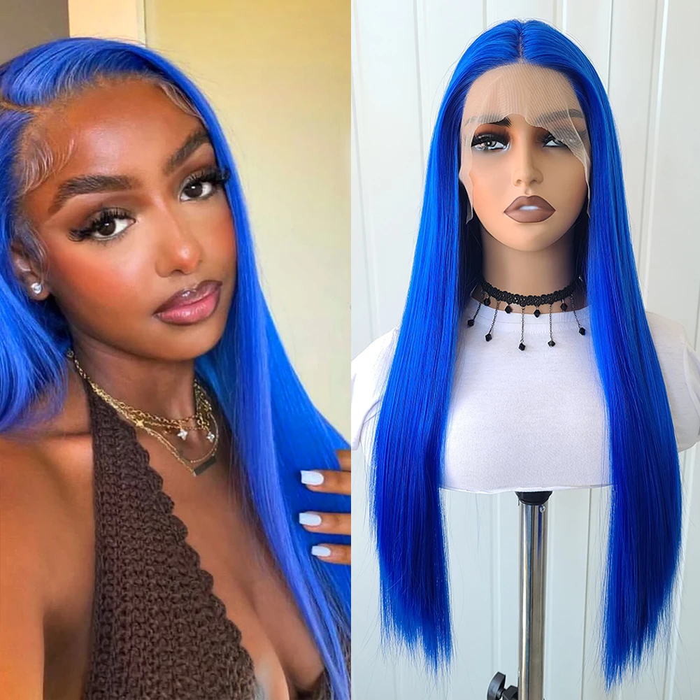 AIMEYA Blue Hair Lace Wig Synthetic Straight Wigs for Women Lace ...