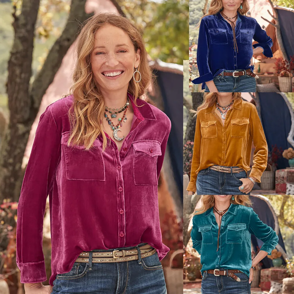 2023-New-Women-Button-Shirt-Loose-Style-Velvet-Blouse-For-Ladies-Casual ...