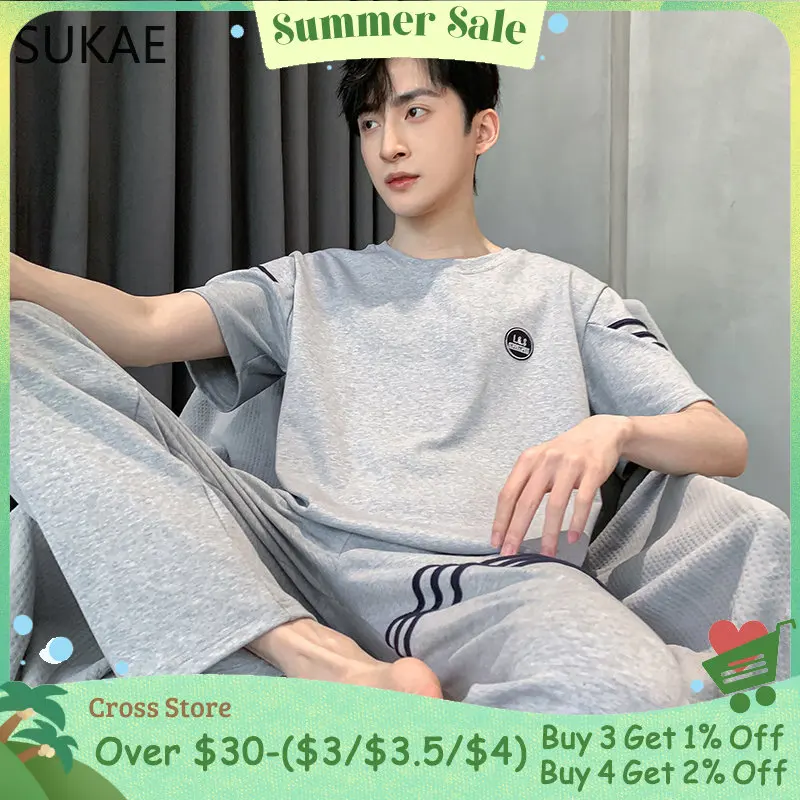 SUKAE L 4XL Coreano Estilo Minimalista Mens Pijama Set Algodão Verão Elegante Lazer Pijamas para ...
