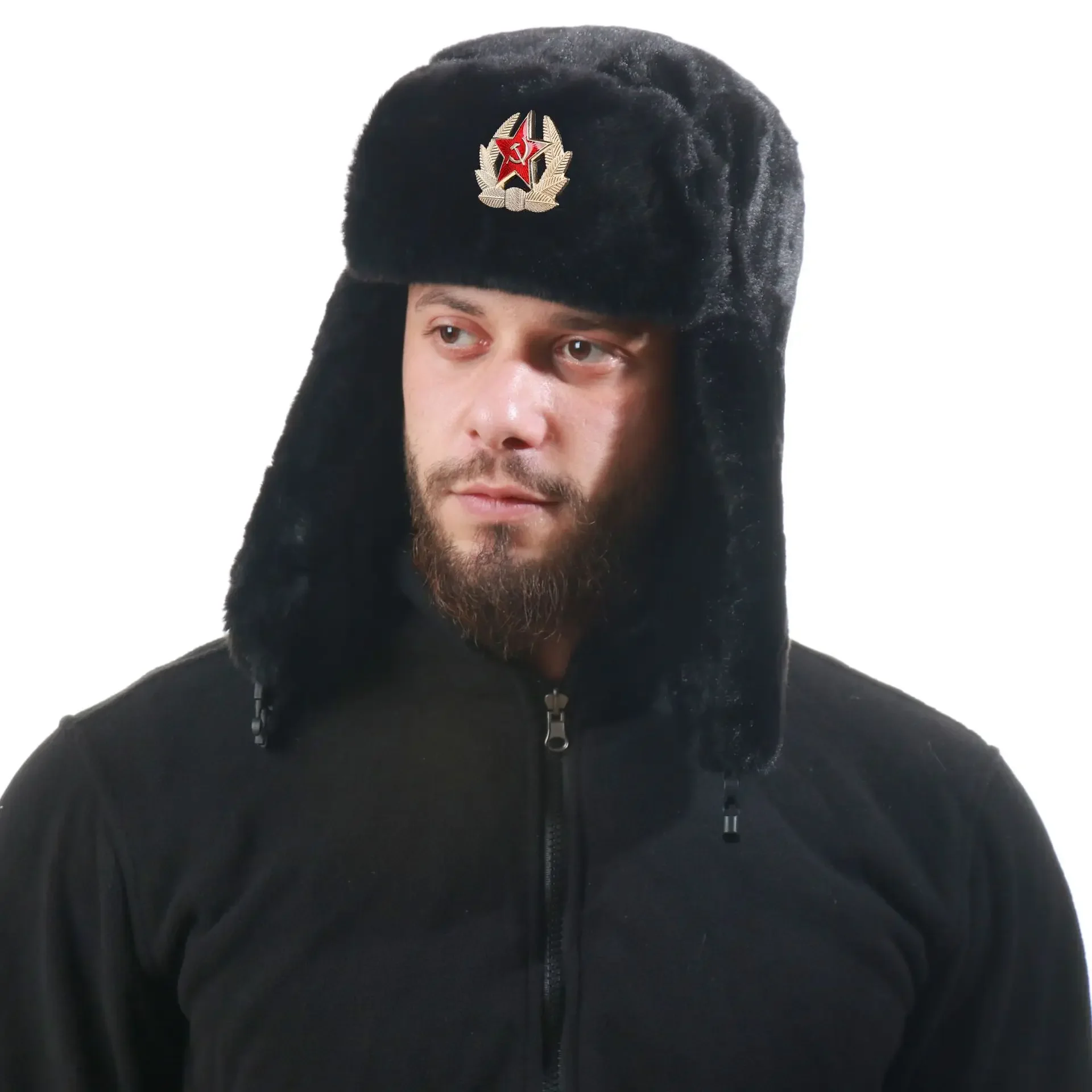 Soviet Style Ushanka with Badge, Military Trapper Hat with Faux Rabbit ...