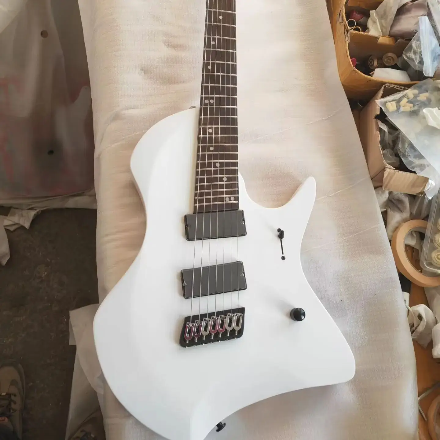 Custom-7-String-Fanned-Fret-Electric-Guitar-24-Fets-White-Body ...
