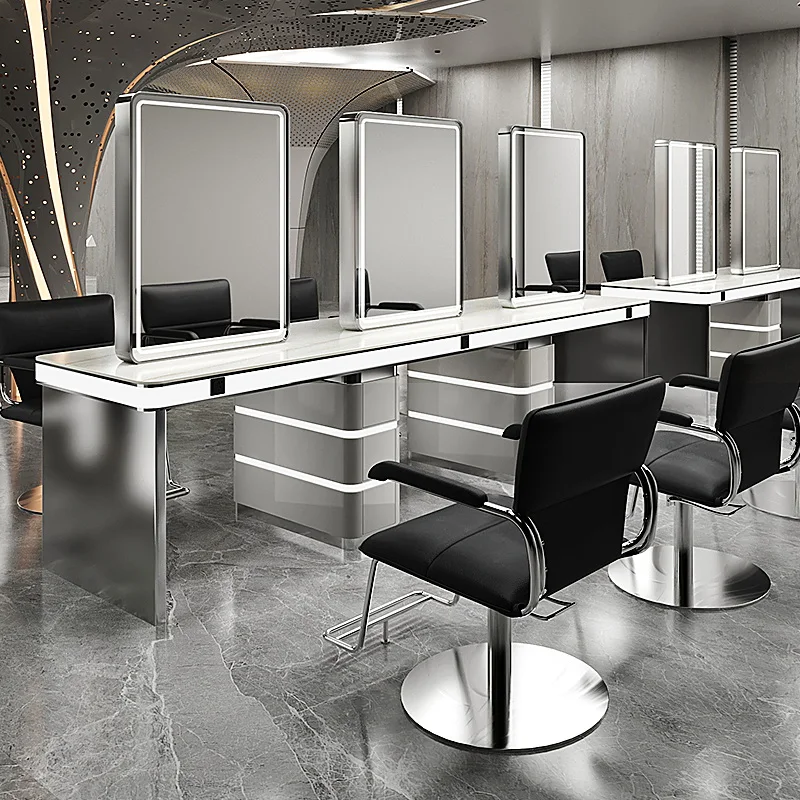 Barber Shop Mirror Table Hair Salon Mirror with Light Double Sided ...