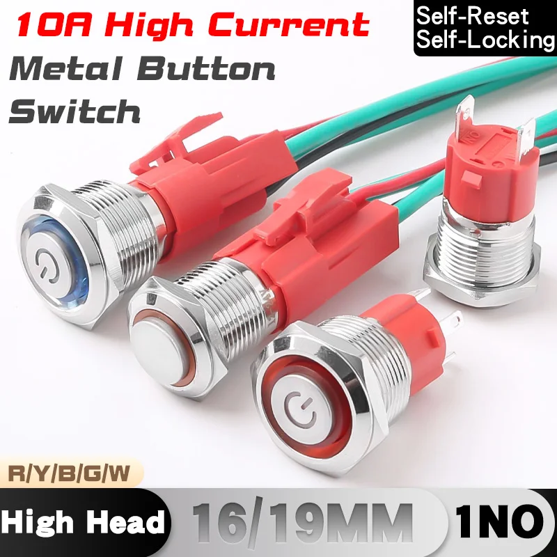 16-19MM-10A-High-Current-Metal-Button-Switch-High-Head-4Pins-Stainless-Steel-Latching-Momentary ...