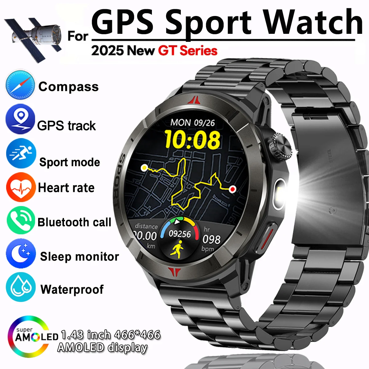 Military Sport Smart Watch Built-in GPS 1.43" Amoled Display Compass ...