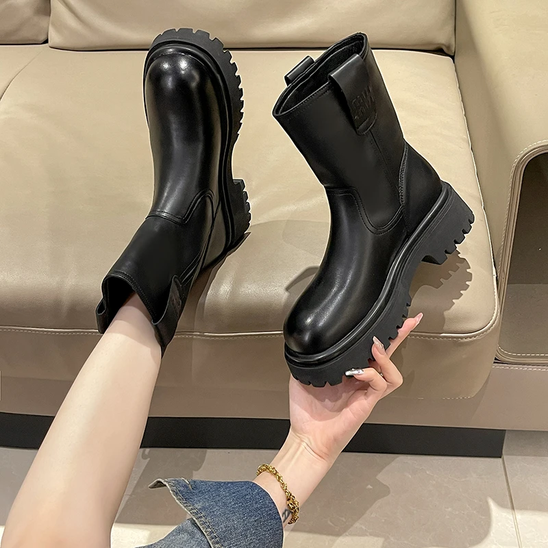 Botas-de-cuero-con-punta-redonda-para-mujer-zapatos-femeninos-de-tac-n ...