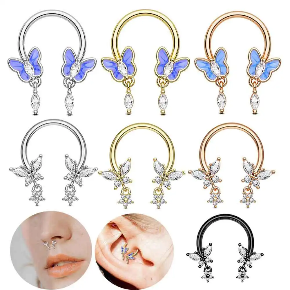 1pcs Stainless steel horseshoe ring fashion butterfly nose ring C rod ...