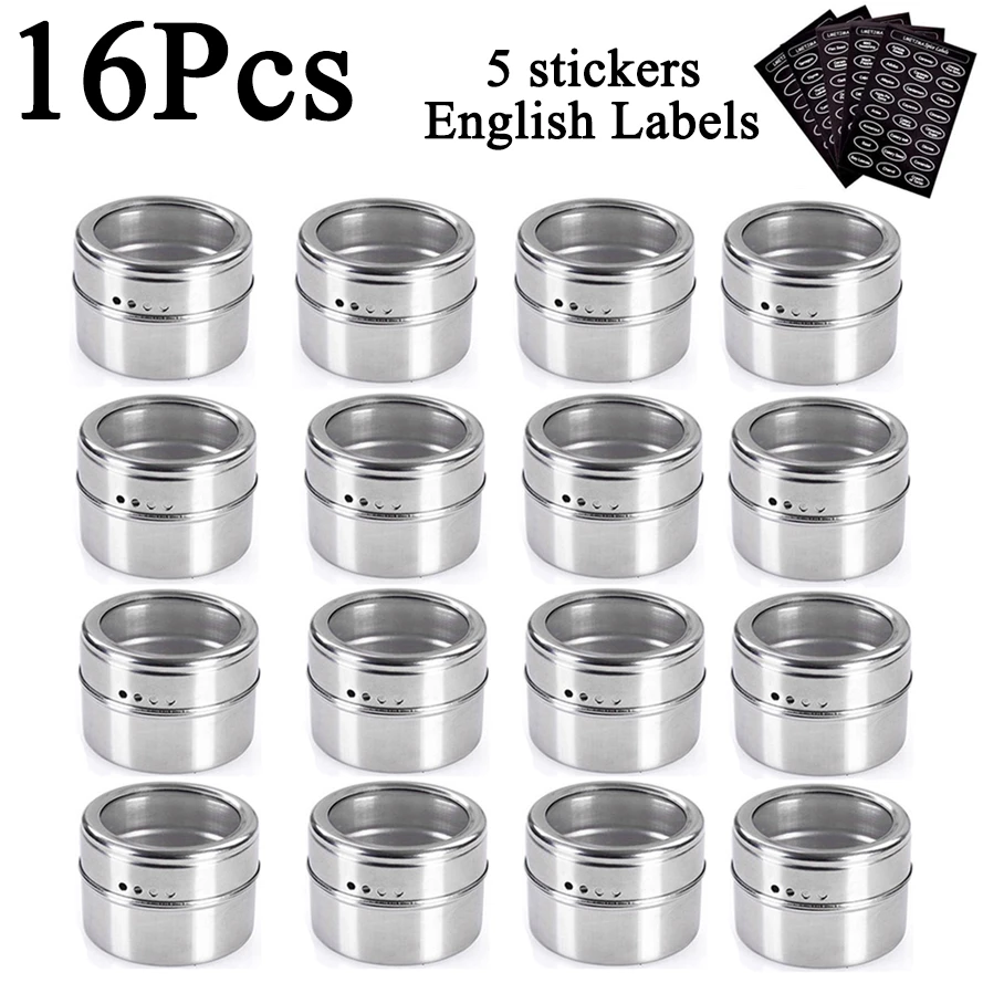 Magnetic Spice Jars With Wall Mounted Rack Stainless Steel Spice Tins ...