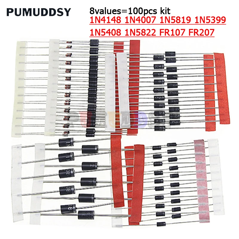 1N4148-1n4007-1N5819-1N5399-1N5408-1N5822-FR107-FR207-8Values-100pcs ...