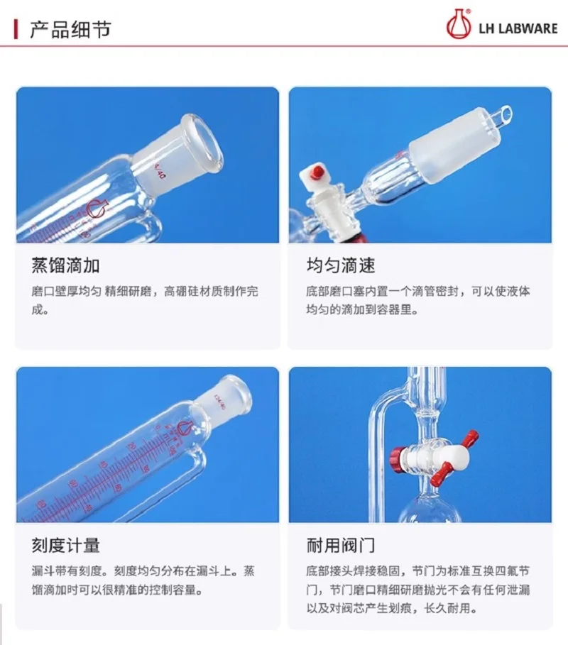 Constant pressure drip funnel with scale, Replaceable PTFE valve