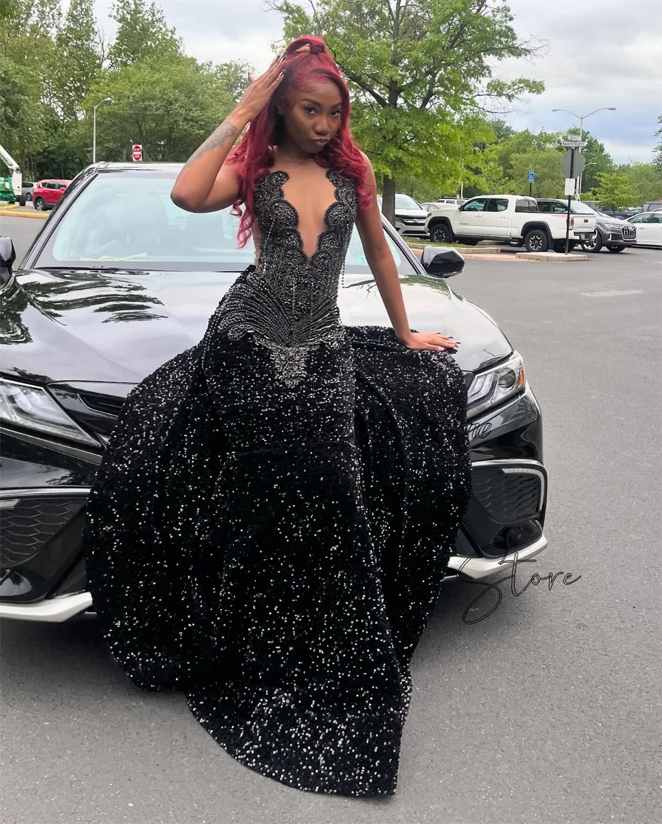 Luxury-2024-Black-Diamonds-Prom-Dresses-Sparkly-Beads-Rhinestones-For ...