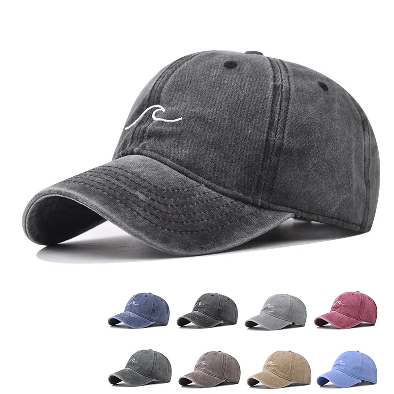 Wave-Ripple-Embroidery-Baseball-Cap-Solid-Color-Washed-Cotton-Dad-Hats ...