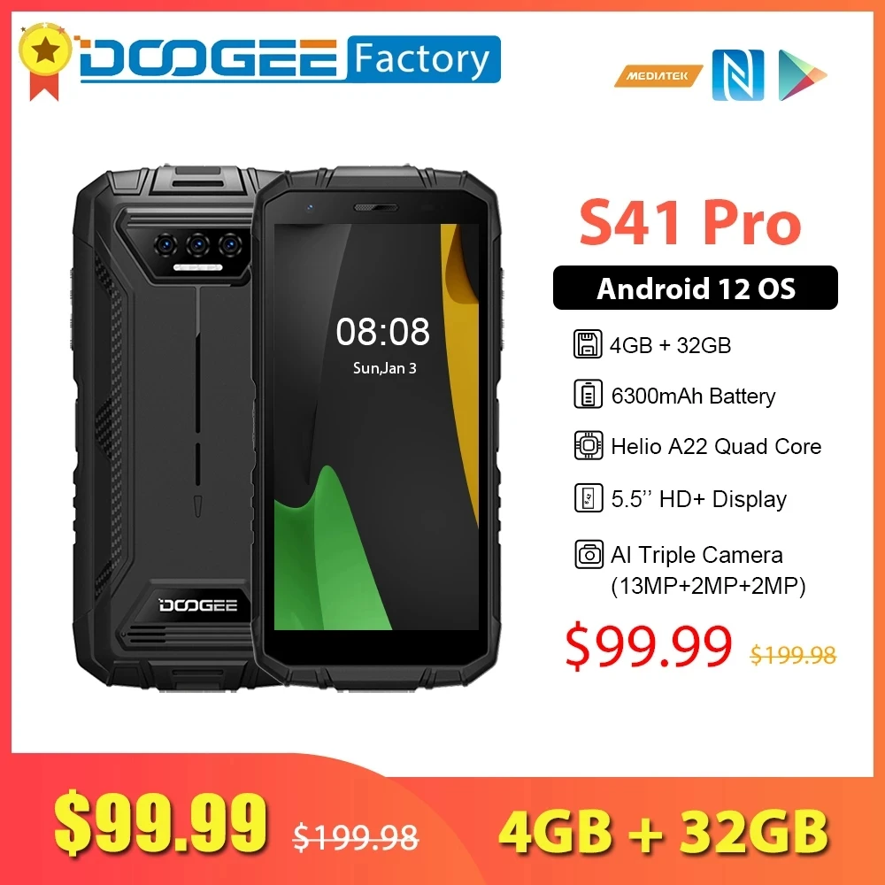 DOOGEE-S41 Pro Smartphone robusto, 4GB, 32GB, 6300mAh, 5.5 ", IPS, tela HD, câmera tripla de ...