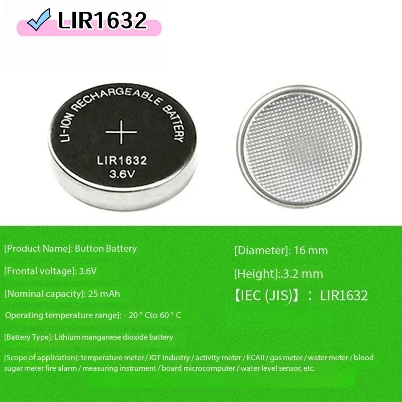 1-5pcs LIR1632 3.6V Batteries Lithium Rechargeable LIR 1632 Battery for ...