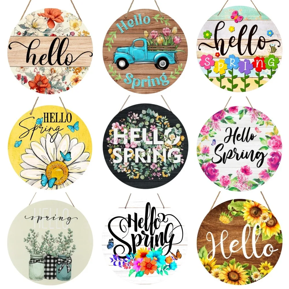 Hello-Spring-Sign-Round-Wooden-Wreath-for-Front-Door-Decoration-Spring ...