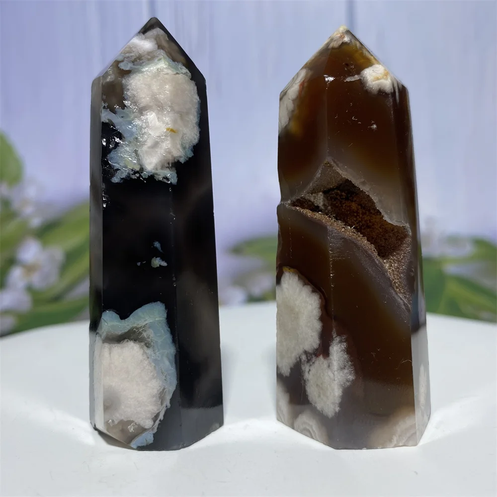 Black-Flower-Natural-Crystal-Agate-Energy-Tower-Obelisk-Wand-Gemstone ...