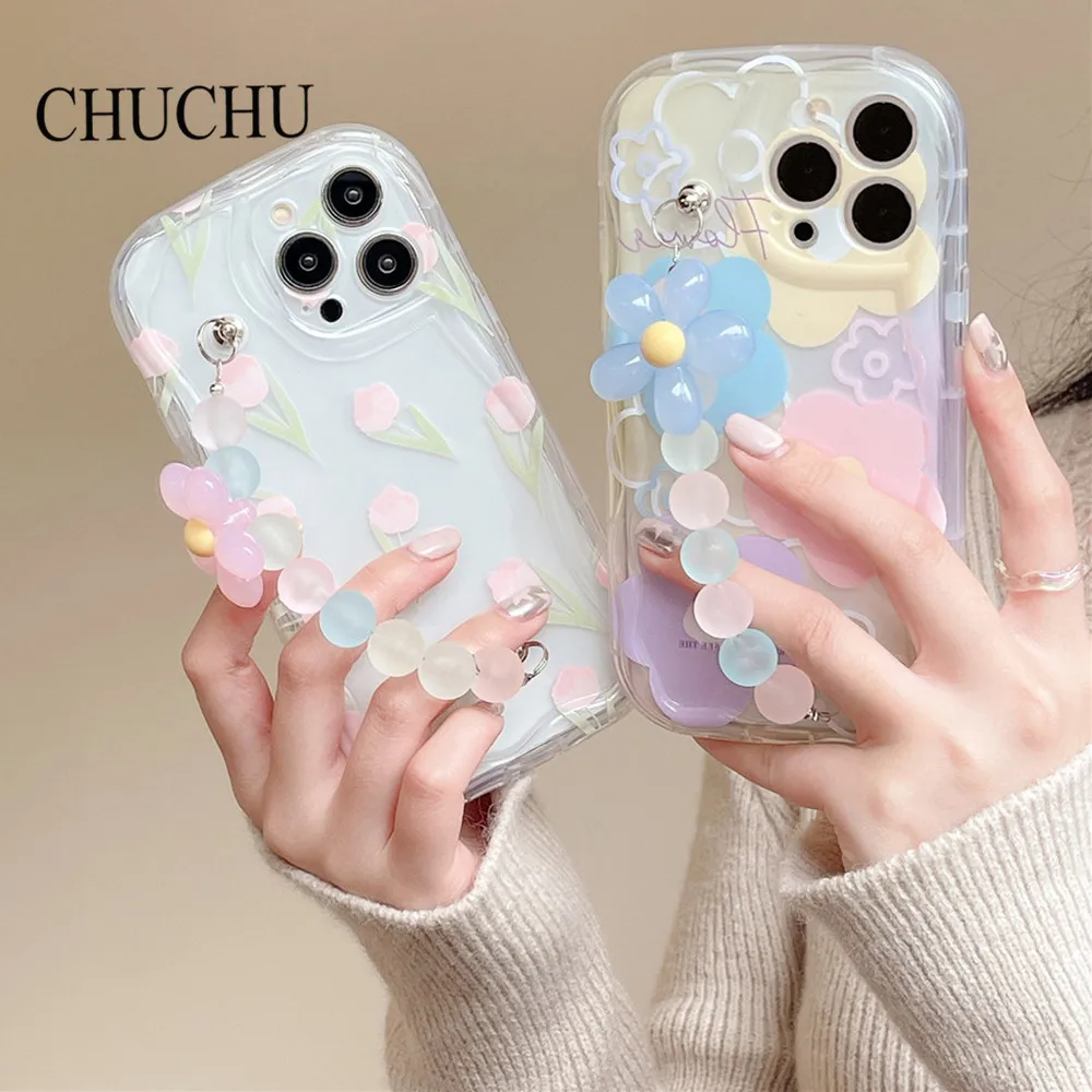 Korean-Cute-3D-Flower-Wrist-Phone-Chain-Clear-Soft-Phone-Case-for ...