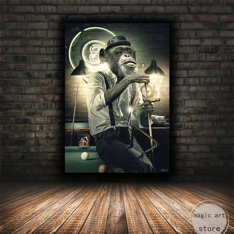 Abstract-Funny-Monkey-Playing-Billiards-Chimp-Animal-Art-Poster-Canvas ...