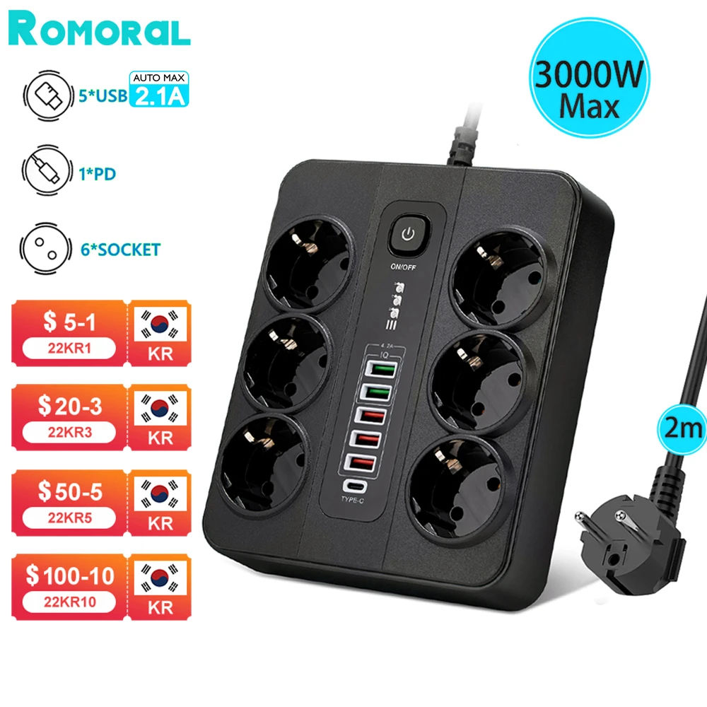 3000W European Power Strip 6 AC Outlets EU Plug Socket USB Type C ...