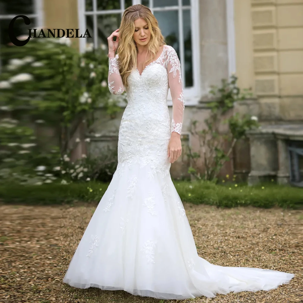 CHANDELA-Fashionable-Full-Sleeves-Wedding-Dress-New-V-neckline ...