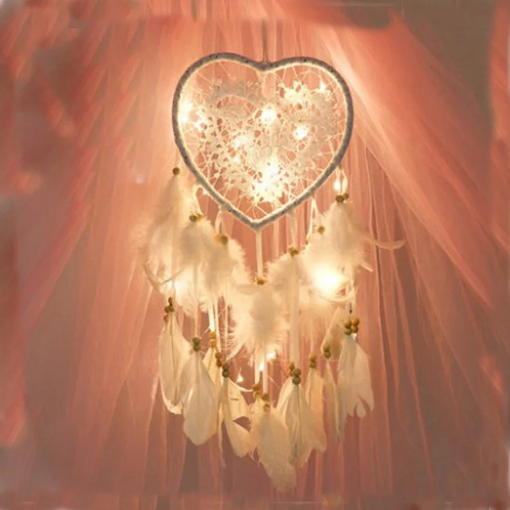 Love-Heart-Dream-Catcher-LED-Light-Handmade-Feathers-Wall-Hanging ...