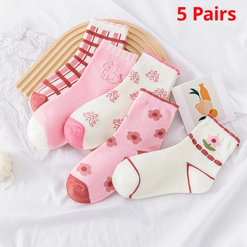 5 Pairs Pink Flower Knit Warm Childrens Socks For Girls Socks Kids ...