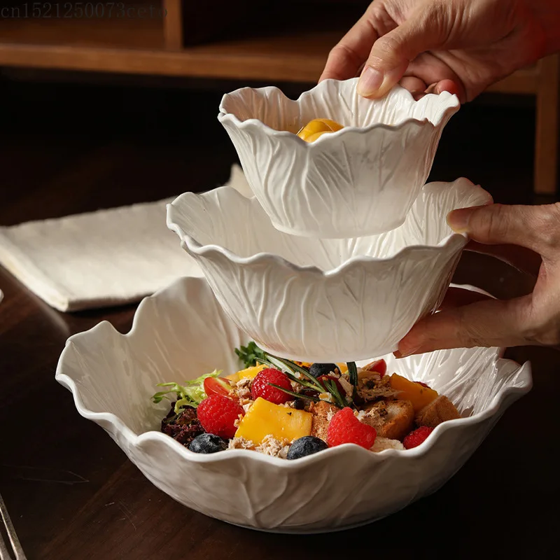 Nordic Luxury Flower Ceramic Bowl Pure white creative cabbage relief ...