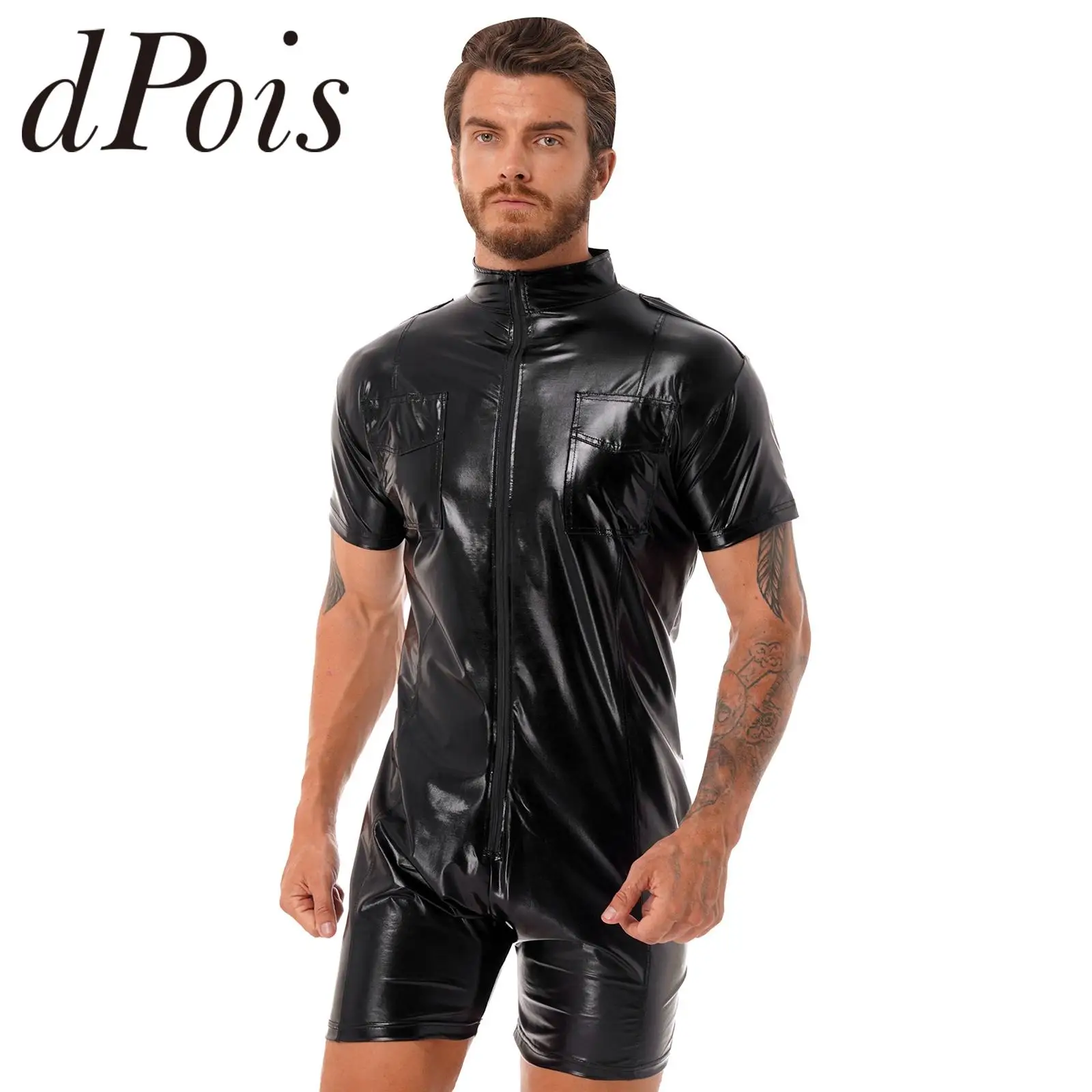 Mens Wet Look Patent Leather Leotard Short Sleeve Bodysuit Stand Collar ...