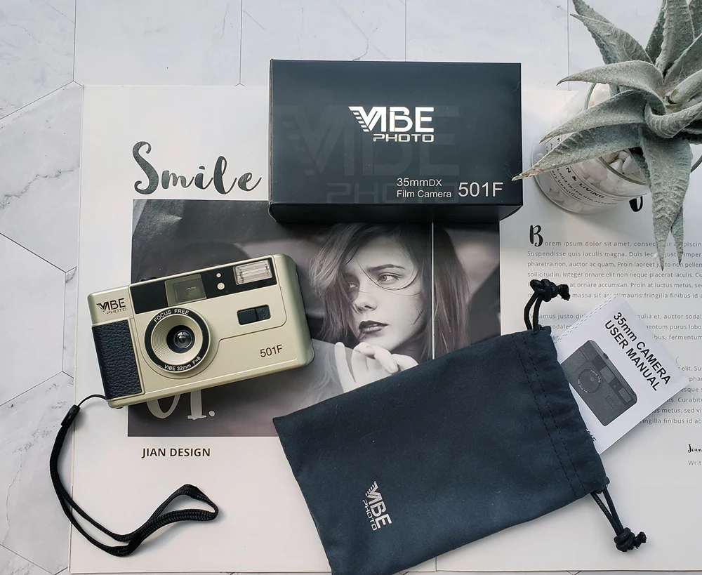 Champagne Argent Caméra allemande VIBE 501F, Film rétro réutilisable et Non jetable, avec Flash ...