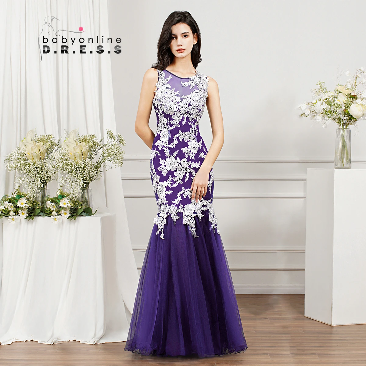 BABYONLINE Sexy Illusion Prom Dresses for Women Sleeveless Lace ...