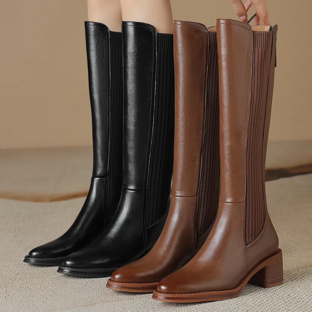 Women's genuine leather stretch knit patchwork autumn knee high boots ...