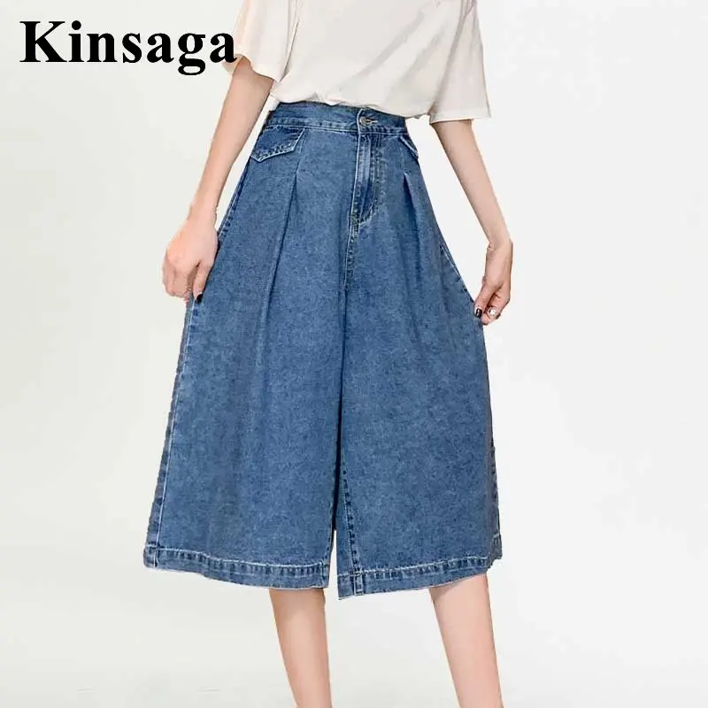 Women Street Pleated Loose Wide Leg Mid-calf Jeans Mom 4XL Summer Baggy ...