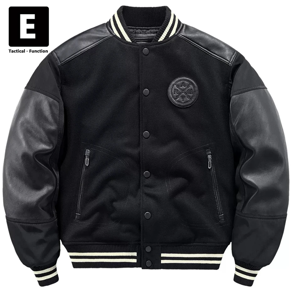 Mens Techwear Thick Wool Jacket PU Sleeve Patchwork Jackets Coat Male ...