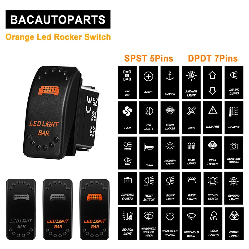 Orange Led Laser Etching Rocker Switch Spot Lights SPST 5Pins/DPDT ...