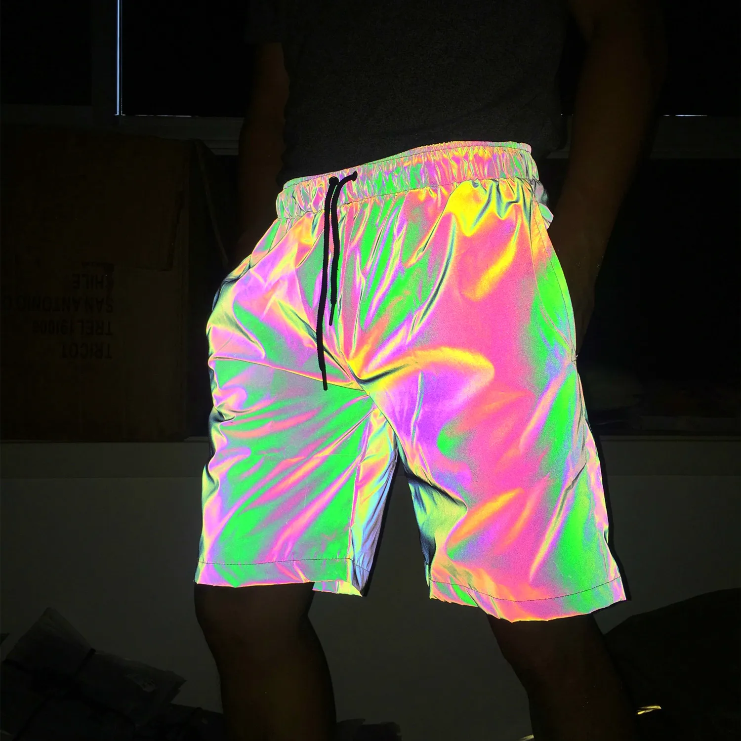 Rainbow Color Reflective Hip Hop Shorts Men Women Harajuku Casual Night ...