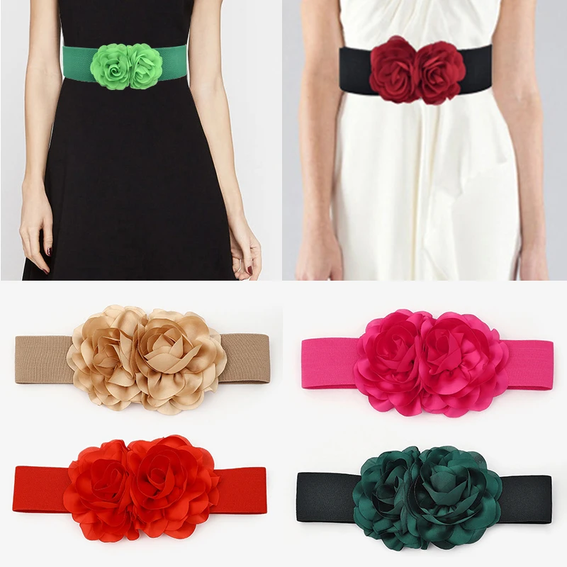 Big Ribbon Flower Waist Belt Women Girl Sweet High Elastic Waistband ...