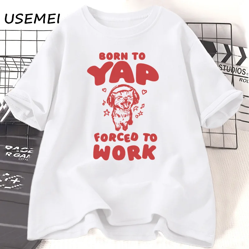 Born-To-Yap-Forced-To-Work-Cat-with-Headphones-Meme-T-shirt-Funny ...