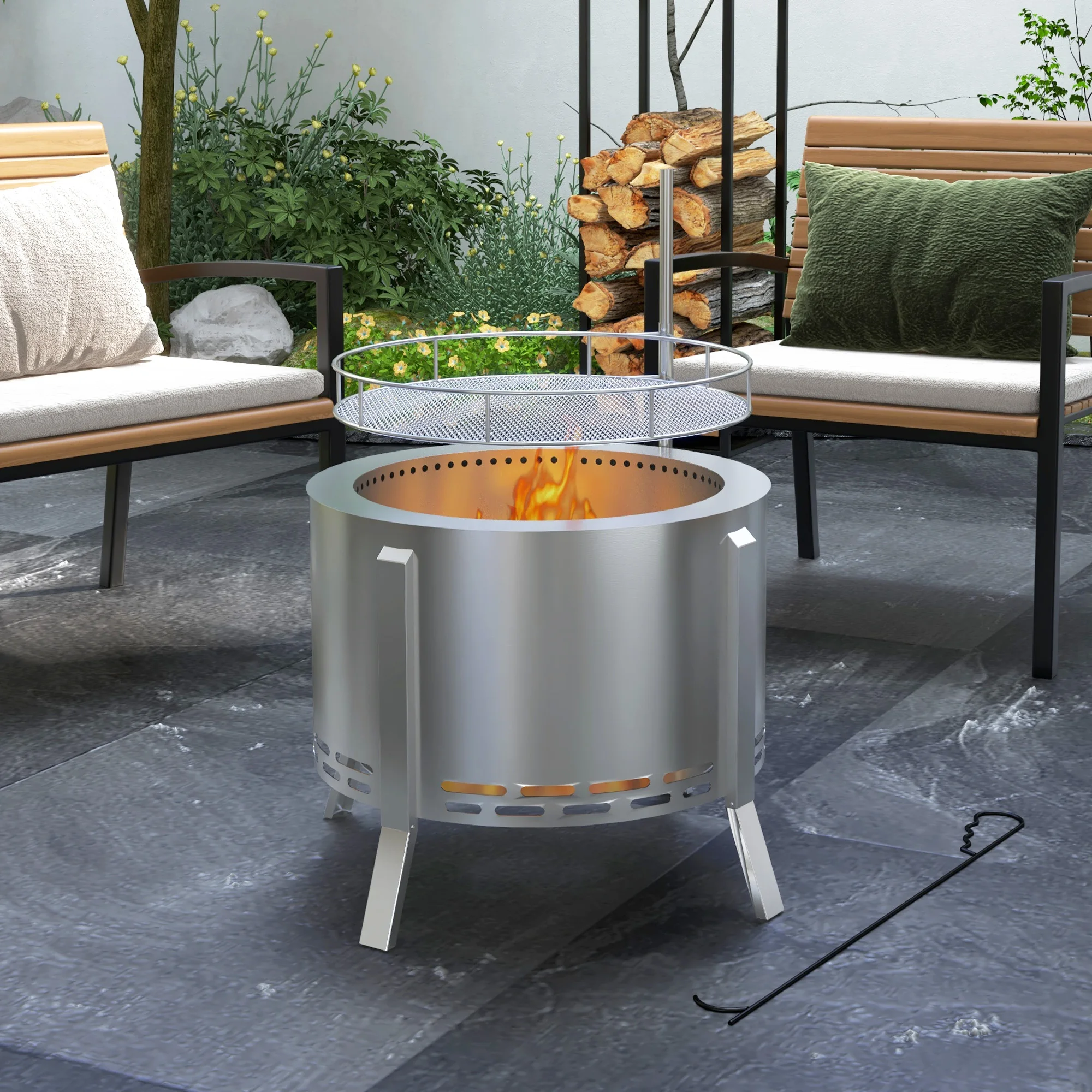 Outsunny Smokeless Fire Pit Bbq Grill with Poker, Stainless Steel ...