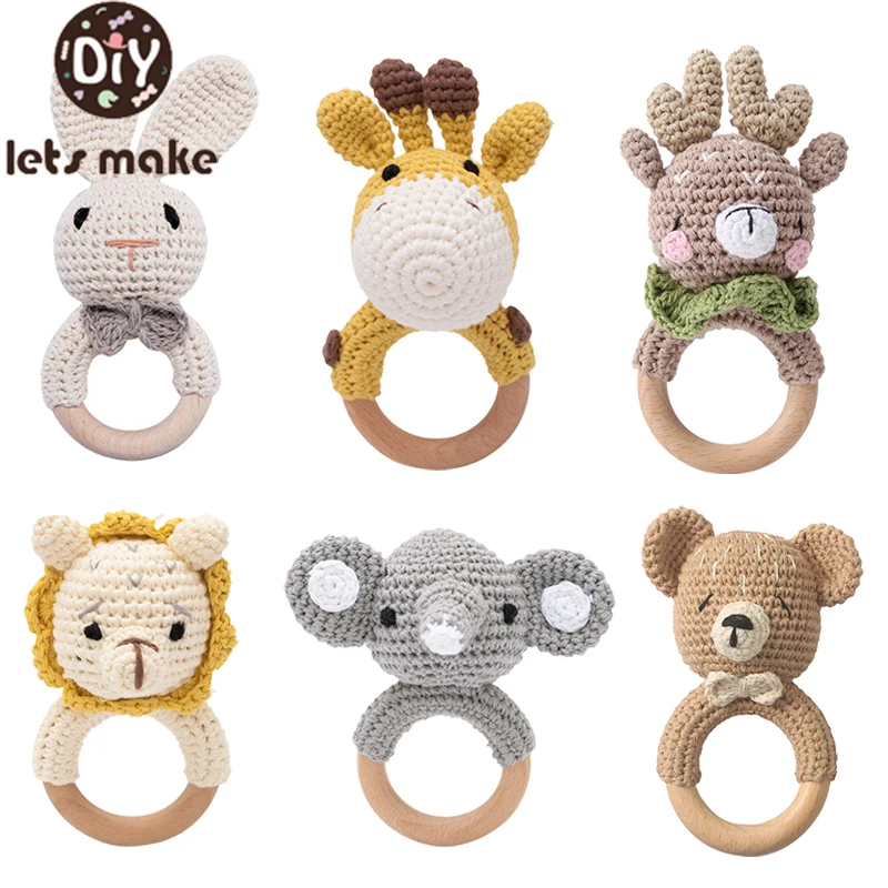5PC Baby Teether Music Rattles for Baby Crochet Rattle Animal Wooden ...