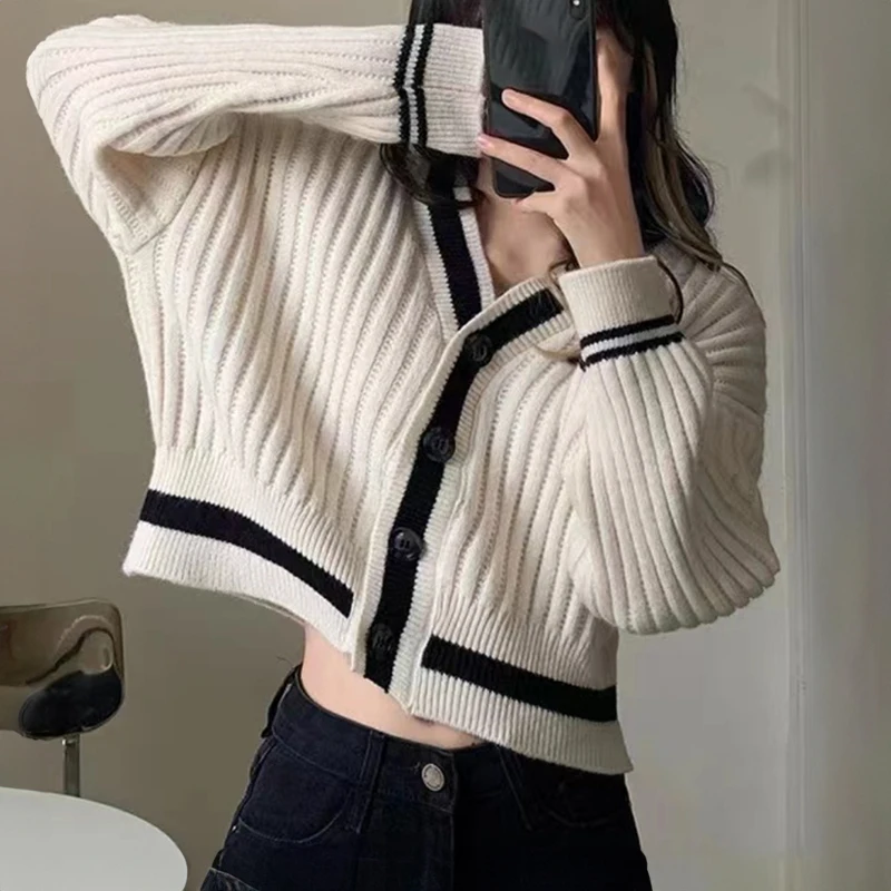 Boxy-Fit-Varsity-Knit-Cardigan-for-Women-Long-Sleeve-Button-down-Crop ...
