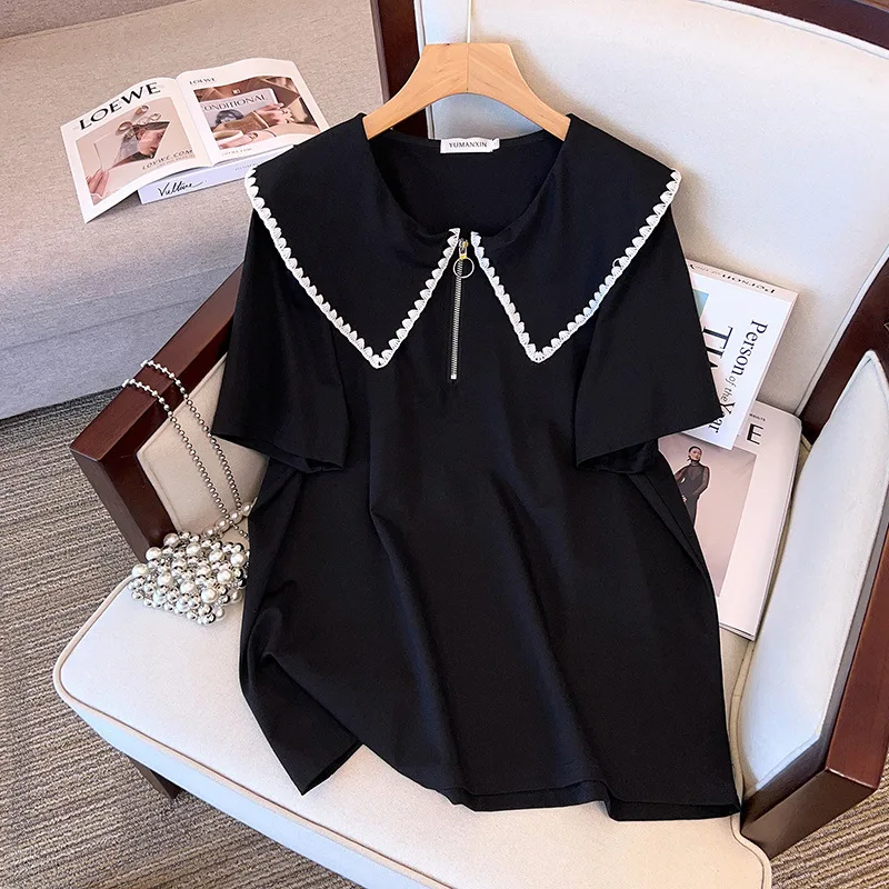 2023-Summer-Big-Size-Slim-Loose-Medium-Length-Tops-Women-Polo-Neck ...