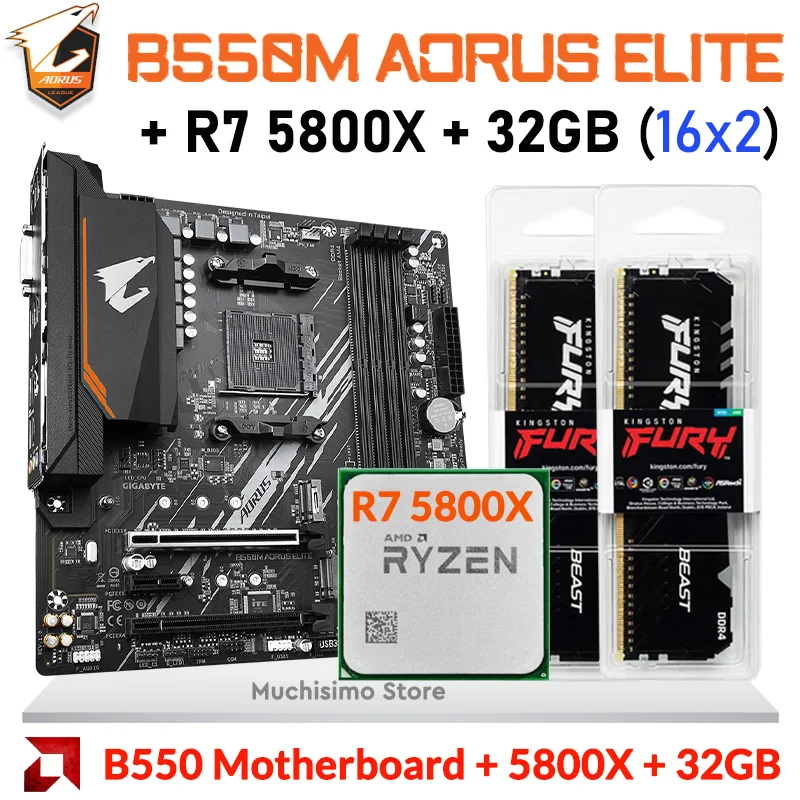 Gigabyte b550m aorus elite placa mãe + ryzen 7 5800x 32gb ddr4 3600mhz ...
