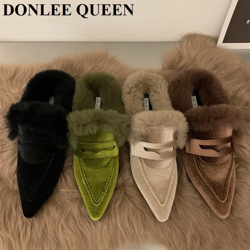 패션 클로즈 토 플랫 힐 슬리퍼 야외 홈 슬라이드 모피 뮬 신발 여성 벨벳 플러시 로퍼 따뜻한 겨울 신발 여성 신발